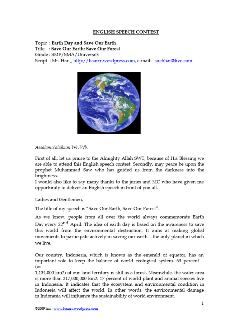 English Speech - Save Our Earth - Save Our Rainforest | PDF ...