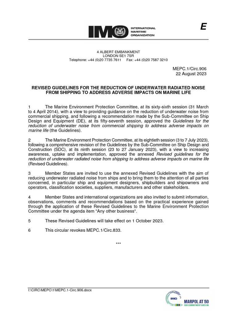 MEPC.1-Circ.906 - Revised Guidelines For The Reduction of Underwater Radiated NoiseFrom Shipping ...