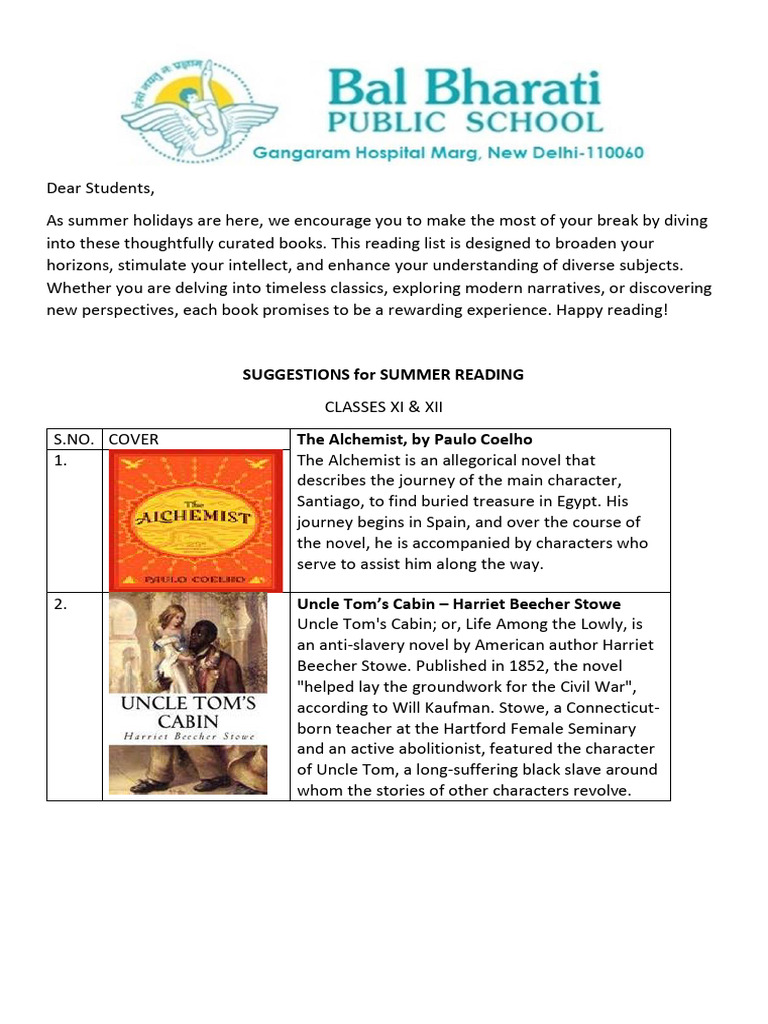 Summer Reading Suggestions | PDF | Harriet Beecher Stowe | Uncle Tom's Cabin