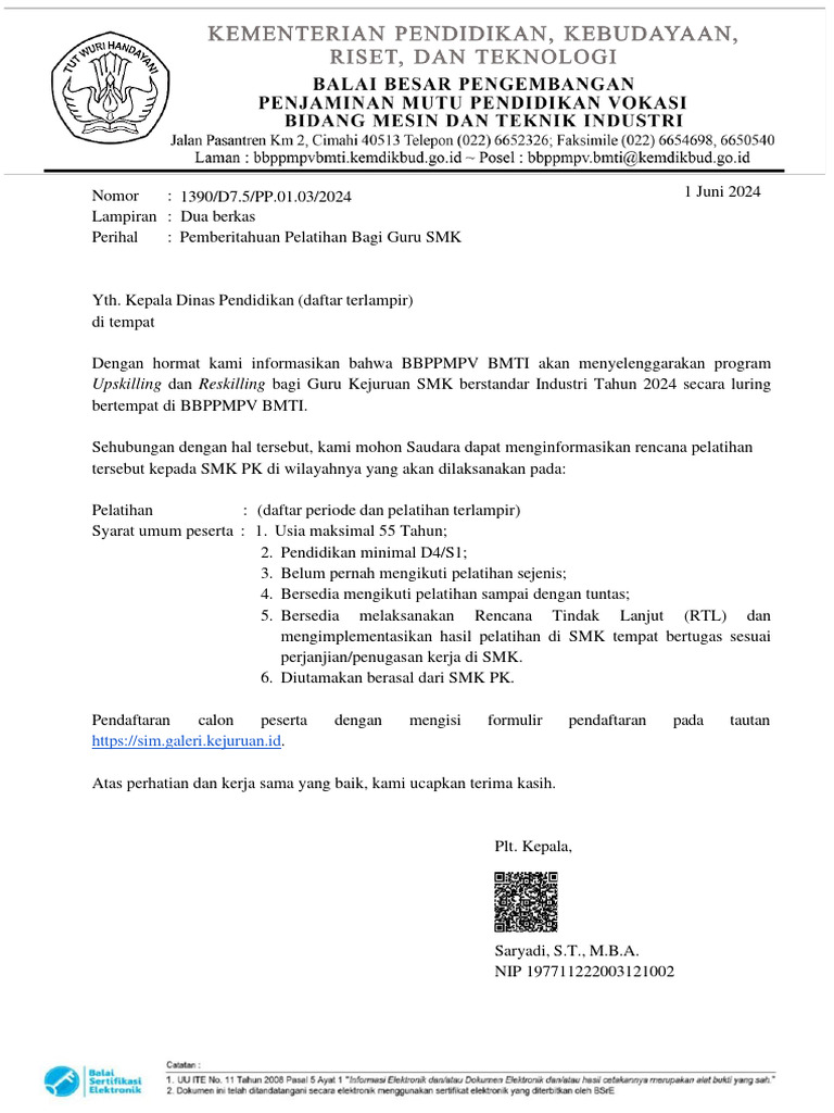 Pemberitahuan Diklat Guru Kejuruan (Angkatan 3) | PDF