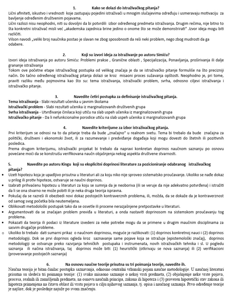 Ispitna Pitanja Metodologija Istraživačkog Rada | PDF