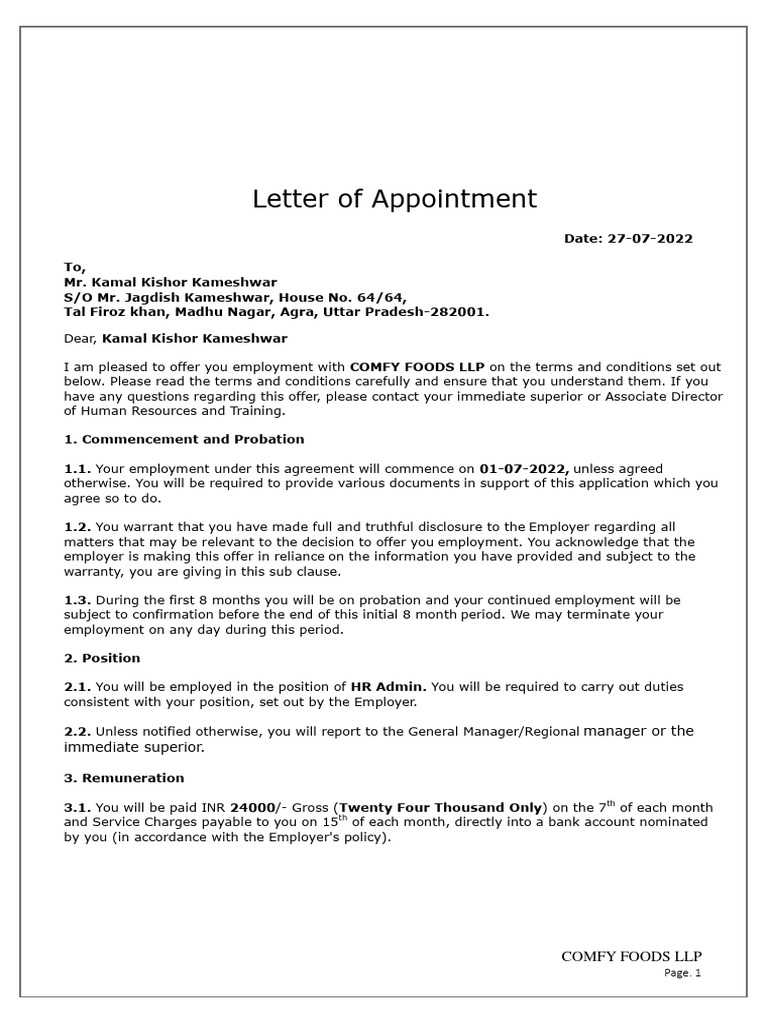 Appointment Letter | PDF | Employment | Salary