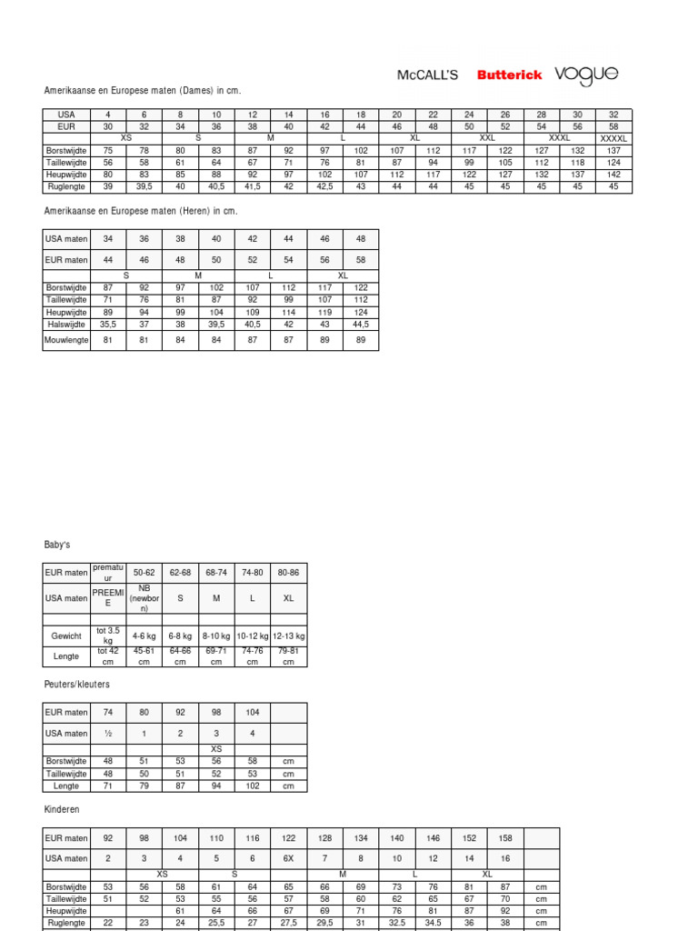 Size Chart Vogue | PDF