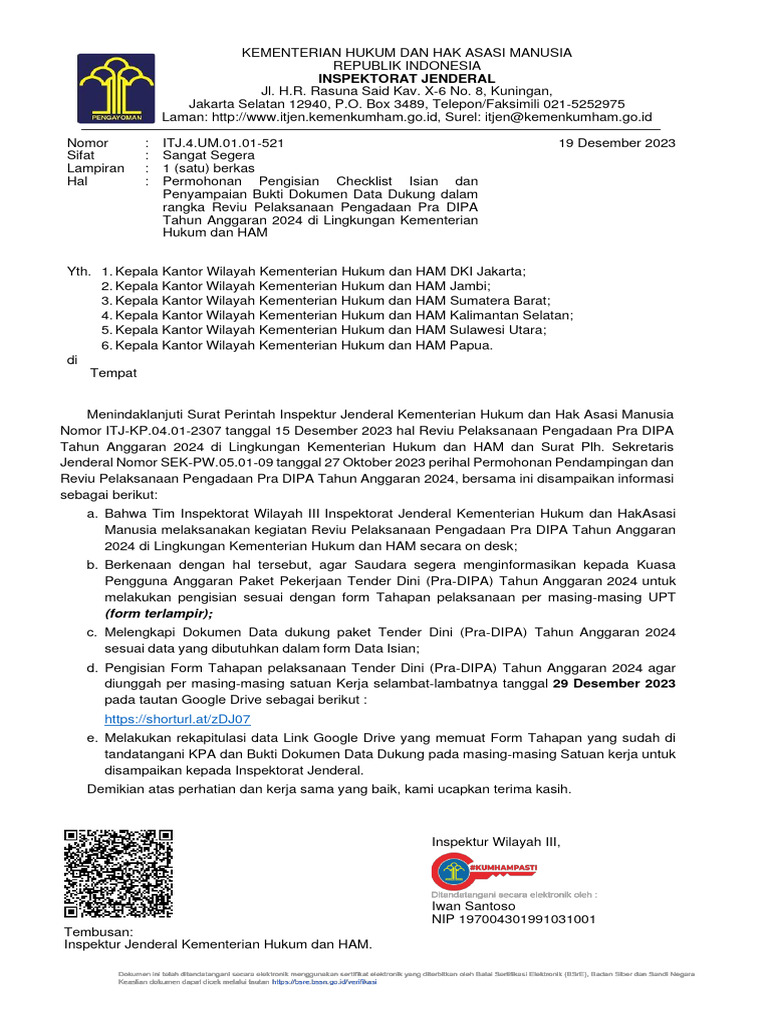 Surat Permintaan Data Dukung Dan Isian Ceklist Pra DIPa | PDF
