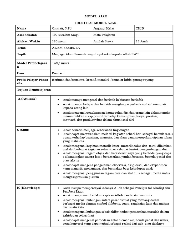 TK B Modul Ajar Topik 3 Alam Semesta | PDF