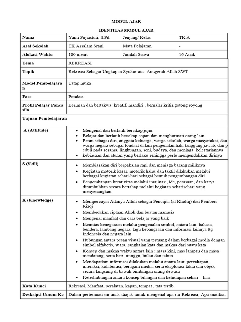TK A Modul Ajar Topik 1 Rekreasi | PDF