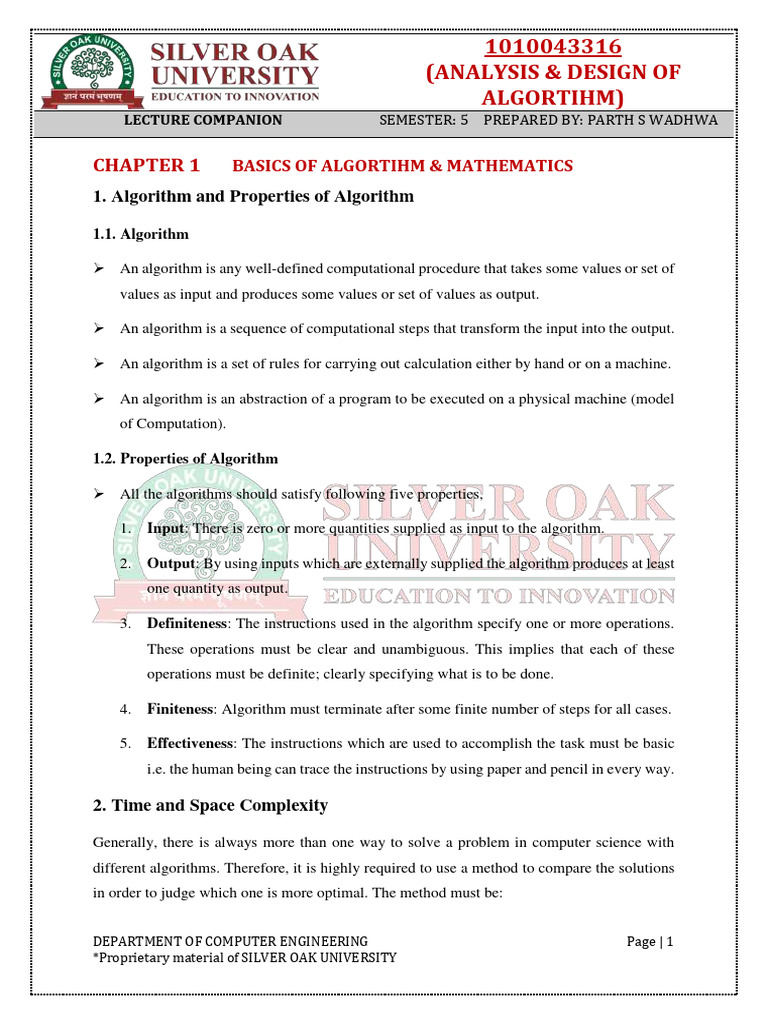 SOU - Lecture Handout - ADA - Unit-1 | PDF | Matrix (Mathematics) | Algorithms