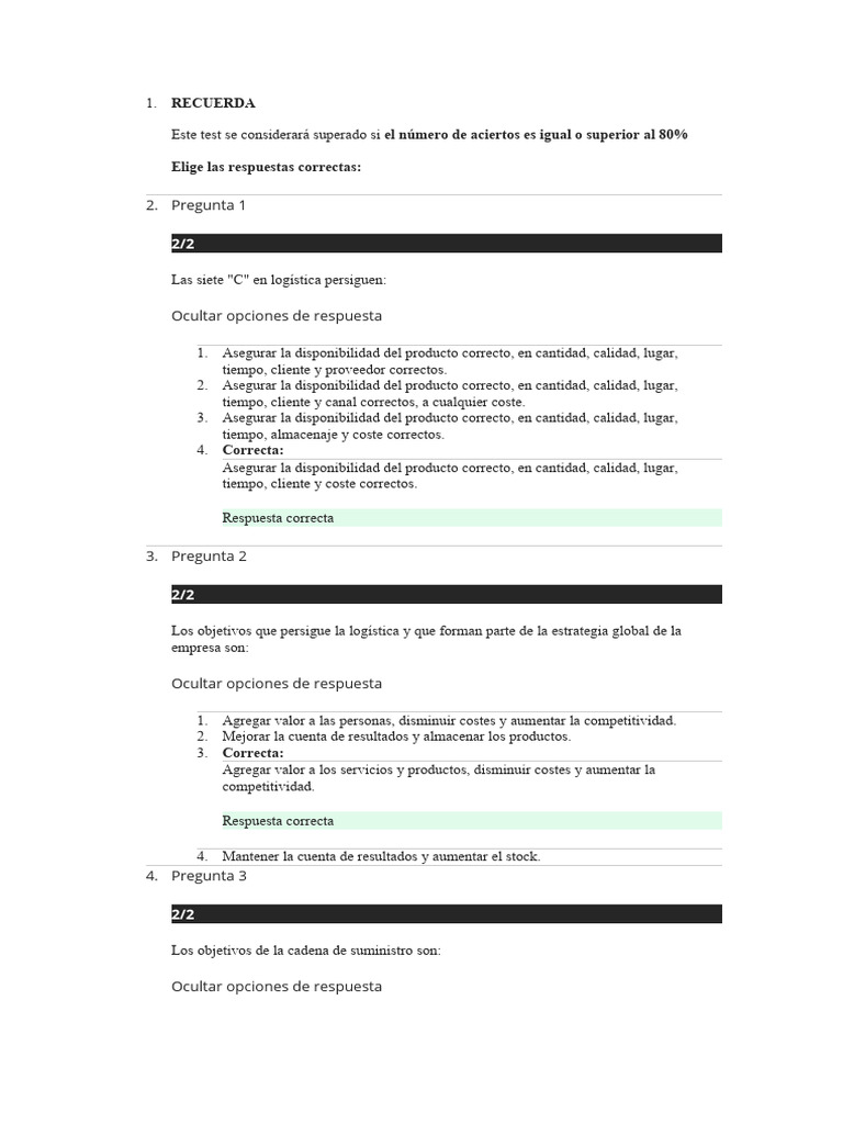 Test de Logística Empresarial | PDF | Logística | Cadena de suministro