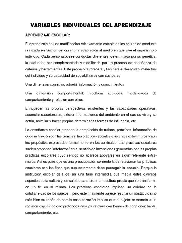 Variables Individuales Del Aprendizaje - Investigación | PDF ...