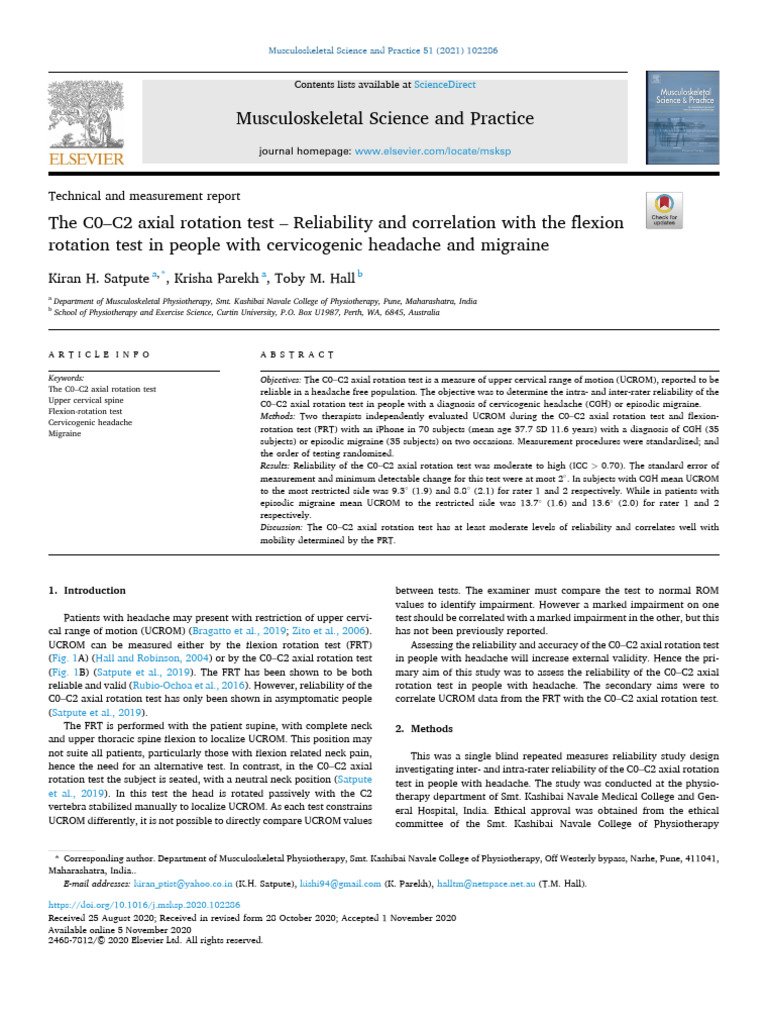 The C0-C2 Axial Rotation Test - Reliability and Correlation With The ...