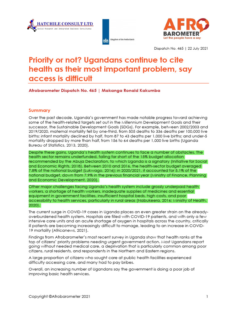Ad465-Ugandans See Health As Countrys Most Important Problem-Afrobarometer Dispatch-21july21 ...