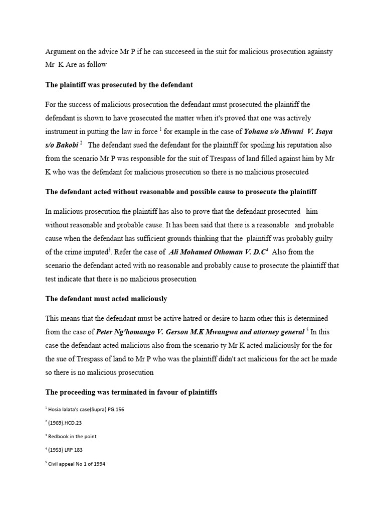 Malicious Prosecution Suit Analysis | PDF | Lawsuit | Malicious Prosecution