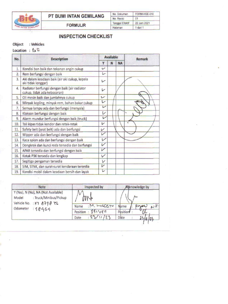 Form P2H Kendaraan | PDF