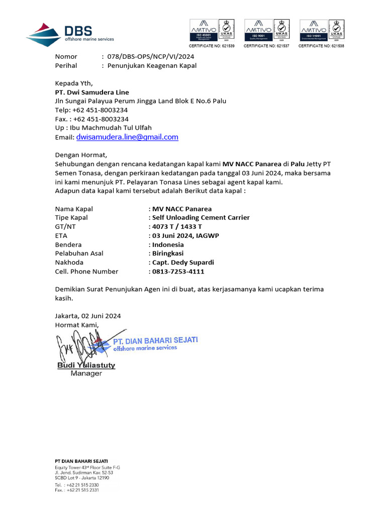 SURAT PENUNJUKKAN KEAGENAN MV NACC Panarea VOY 001 Palu No 078 | PDF | Sains & Matematika