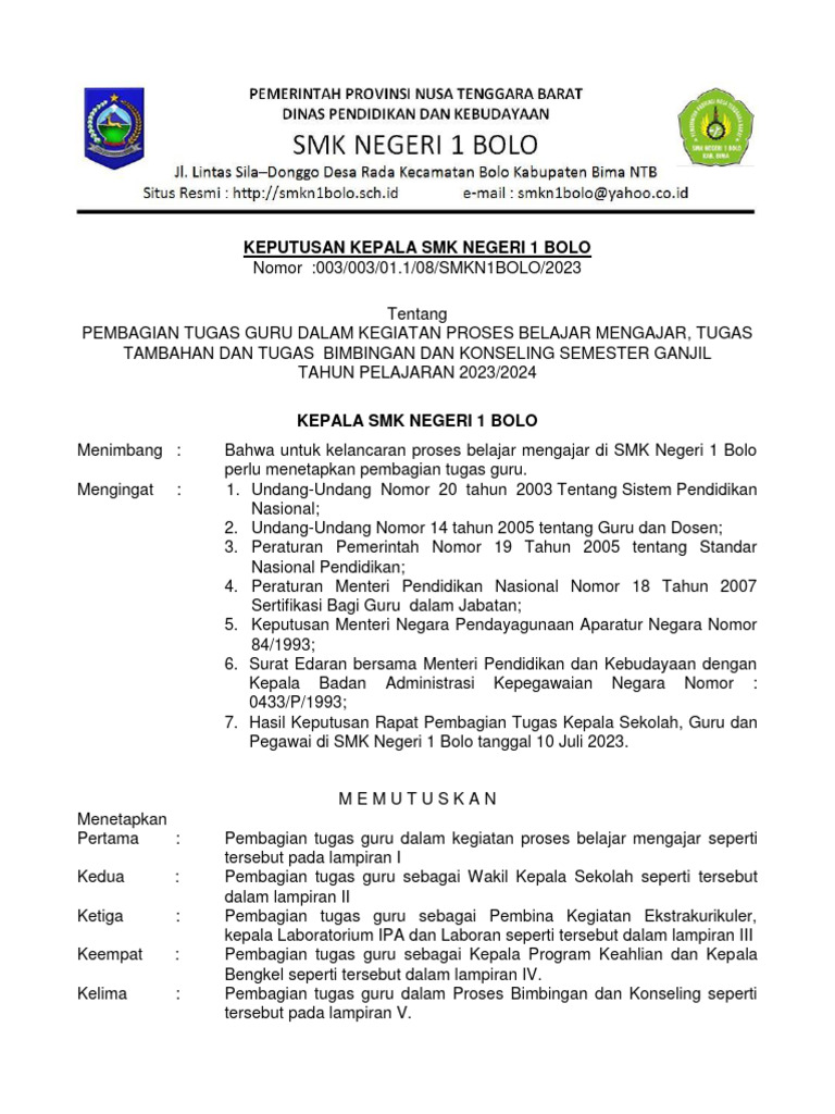 SK Pembagian Tugas Semester Ganjil 2023 2024 Lengkap | PDF