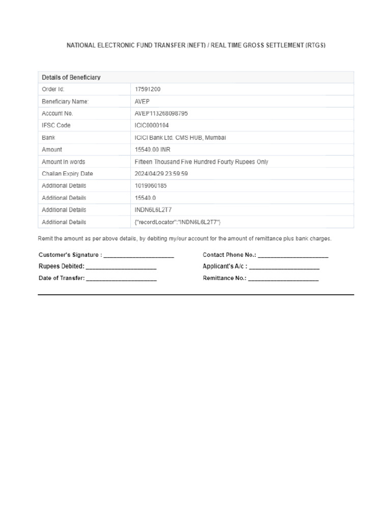 AVEP-NEFT-RTGS-Challan-28 04 2024 22 0 38 | PDF