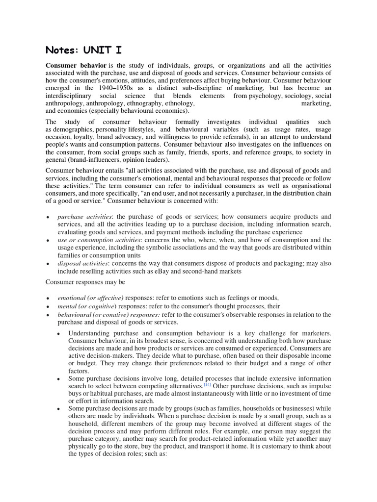 Notes - Unit 1 | PDF | Consumer Behaviour | Behavior