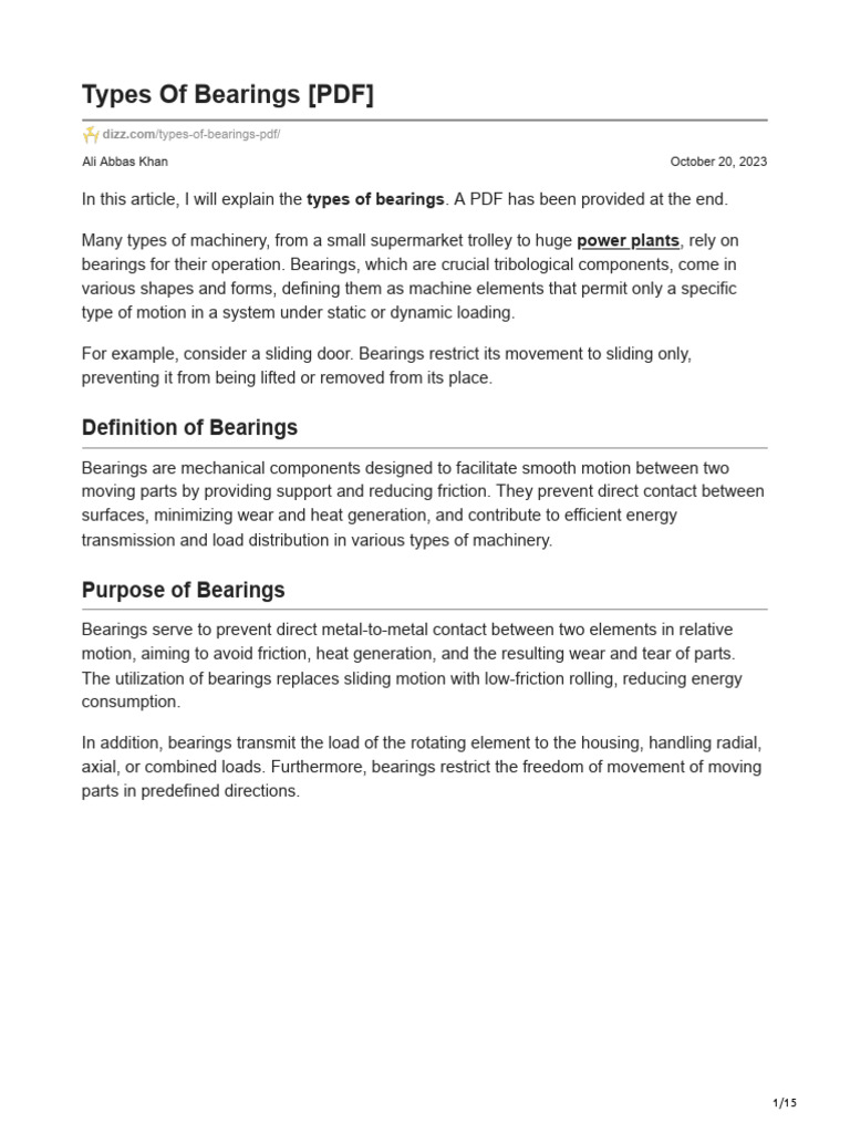 Types of Bearings PDF English | PDF | Bearing (Mechanical) | Friction