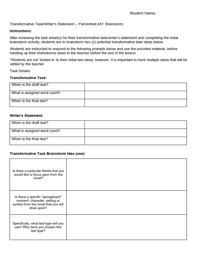 Fahrenheit 451 Transformative Task Brainstorm 2022 | PDF | Brainstorming | Human Communication