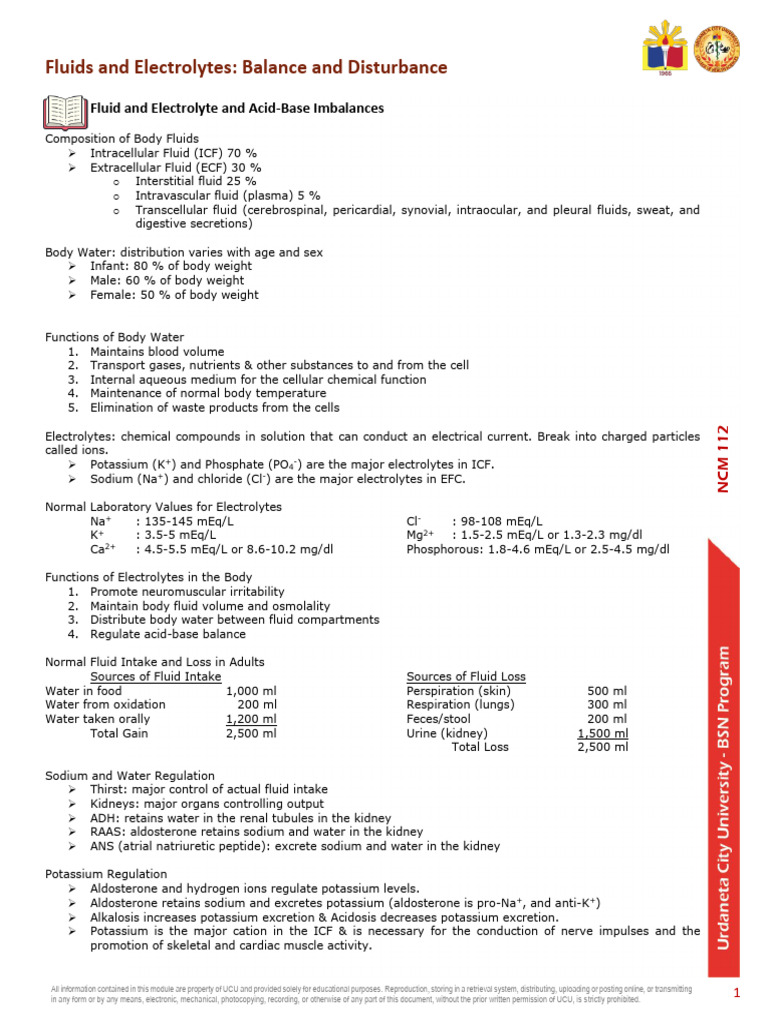 Nursing Fluid & Electrolyte Guide | PDF | Electrolyte | Dehydration