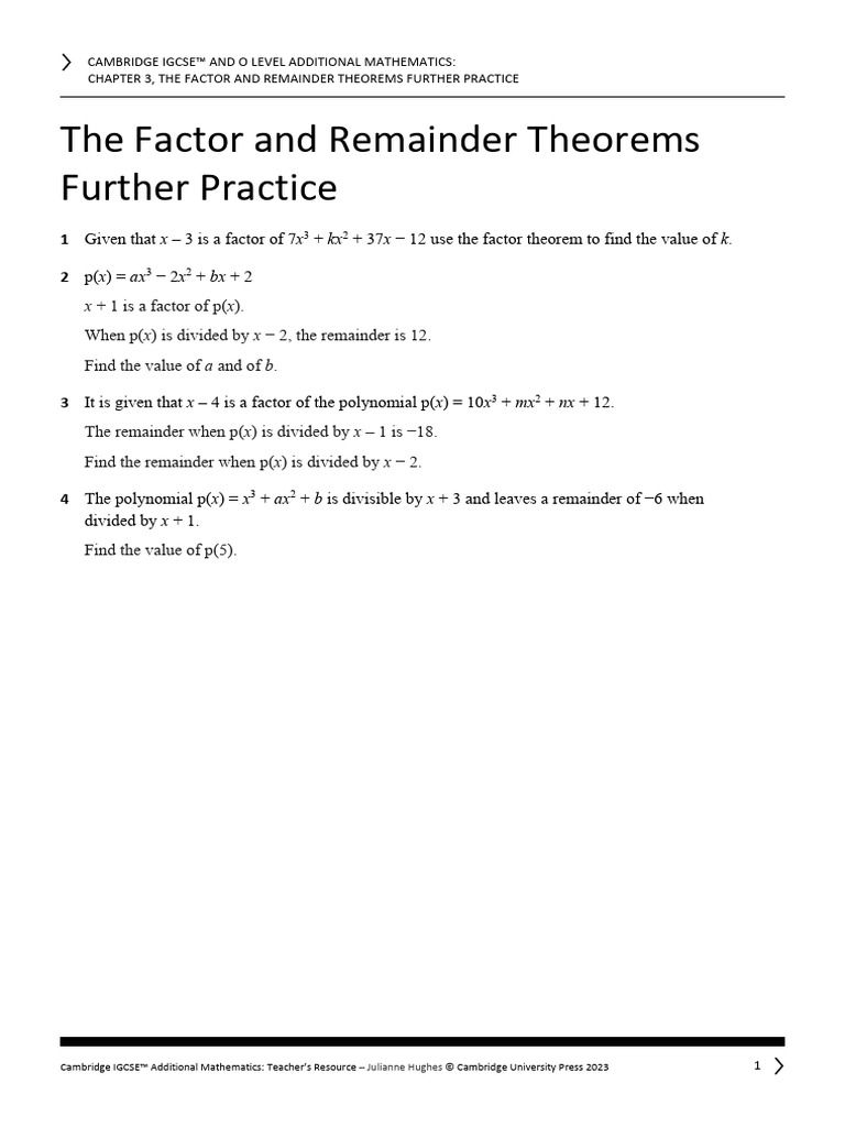 Ch3 - The Factor and Remainder Theorems Further Practice | PDF ...