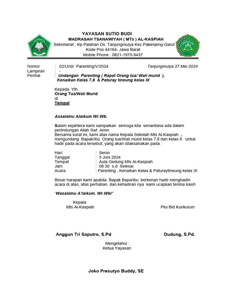 Undangan Parenting MTS Al-Kaspiah 2024 | PDF