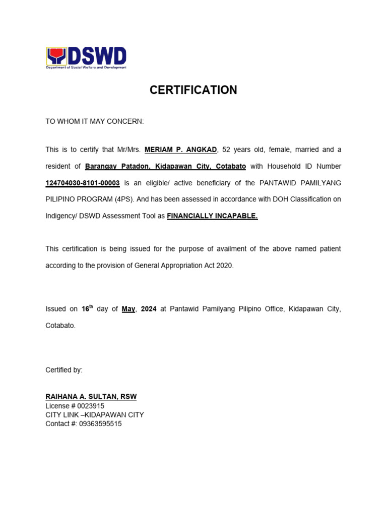 Meriam P. Angkad DSWD Cert | PDF