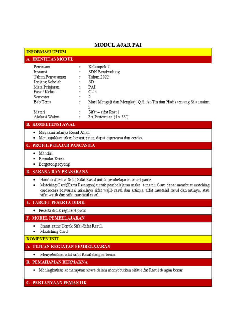 Modul Ajar Pai KLS 4 Kurmer - Kel 7 | PDF