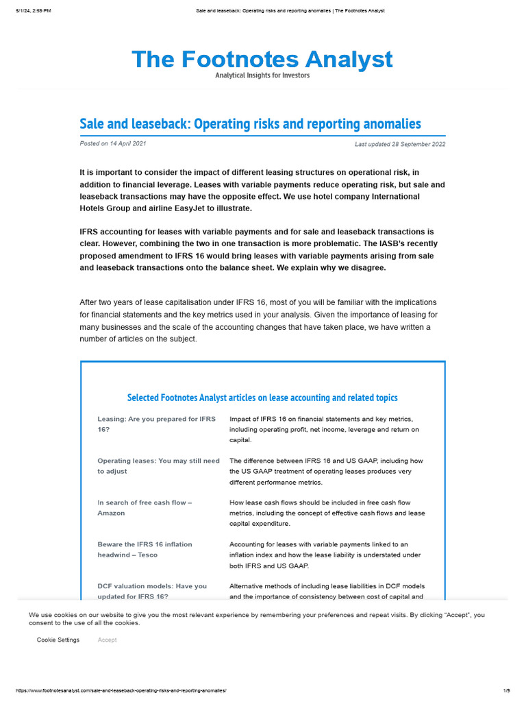 Sale and Leaseback - Operating Risks and Reporting Anomalies - The ...