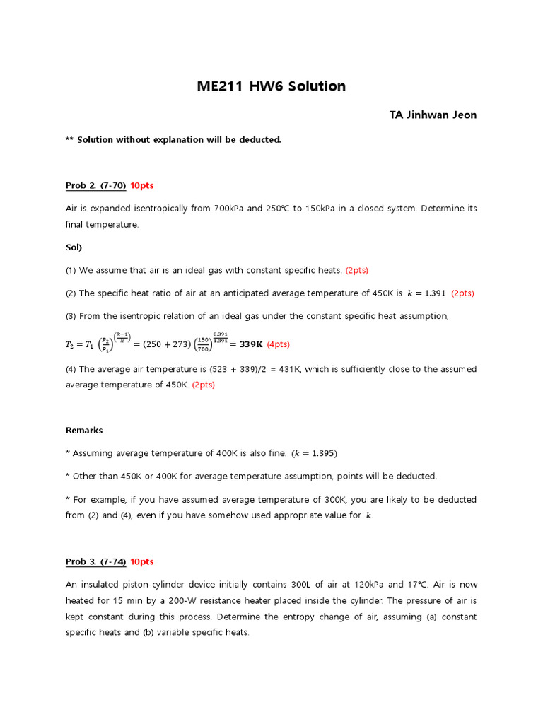 ME211 HW6 Solution | Download Free PDF | Gases | Physics
