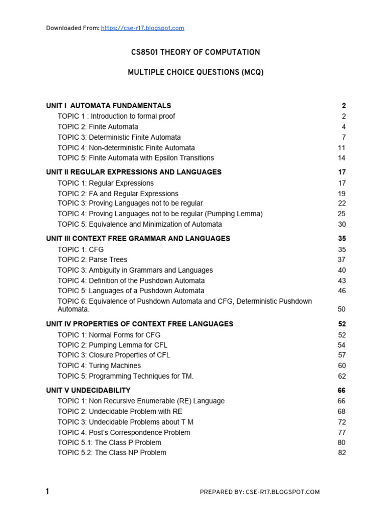 Toaz - Info Theory of Computation MCQ PDF PR | PDF | Regular Expression | Automata Theory