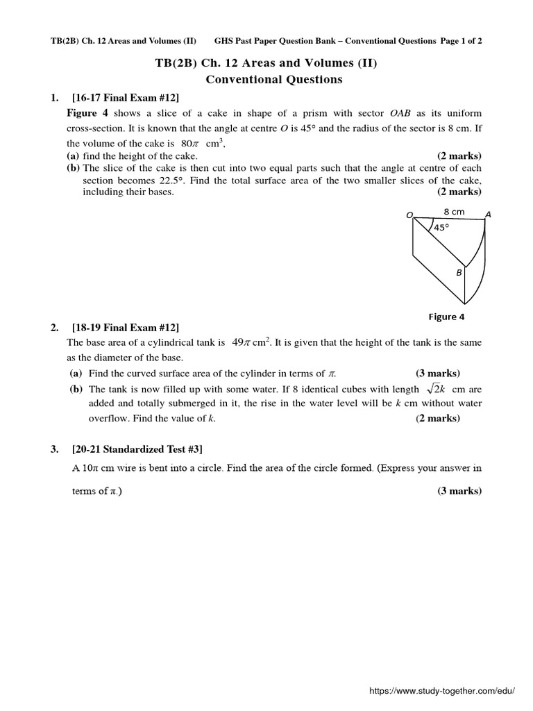 Good Hope School 16-21-2B Ch.12 Areas and Volumes II CQ | PDF | Area ...