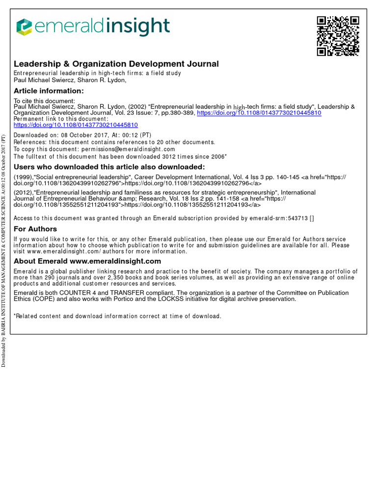 Leadership & Organization Development Journal: Article Information | PDF | Entrepreneurship ...