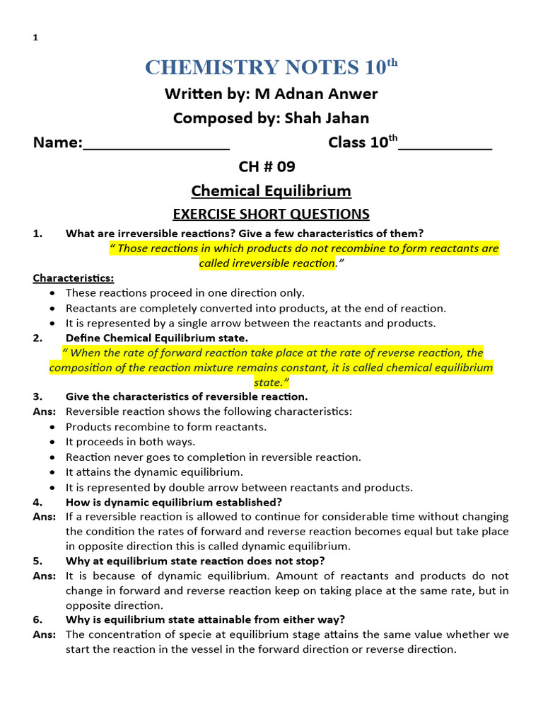 Chemistry 10th CH# 09 | PDF | Chemical Equilibrium | Chemical Reactions