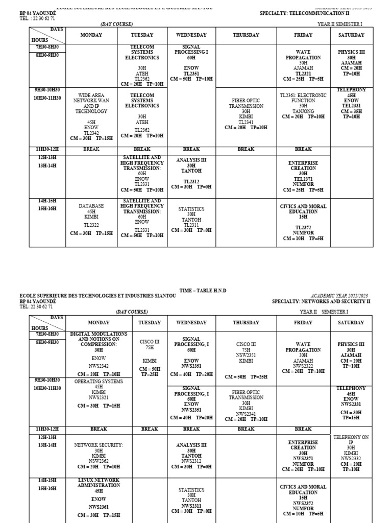 Timetable Level 2 - 2022-2023 Tentative(Original) | PDF ...