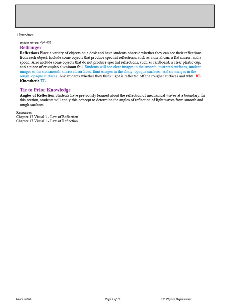 Bellringer: Chapter 17: Reflection and Mirrors | PDF | Mirror | Reflection (Physics)