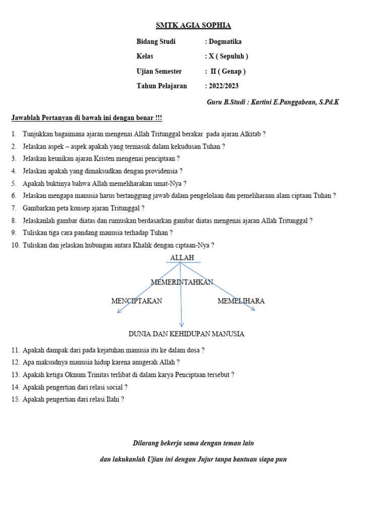 Soal Ujian Dogmatika Kls 10 Dan 11 | PDF