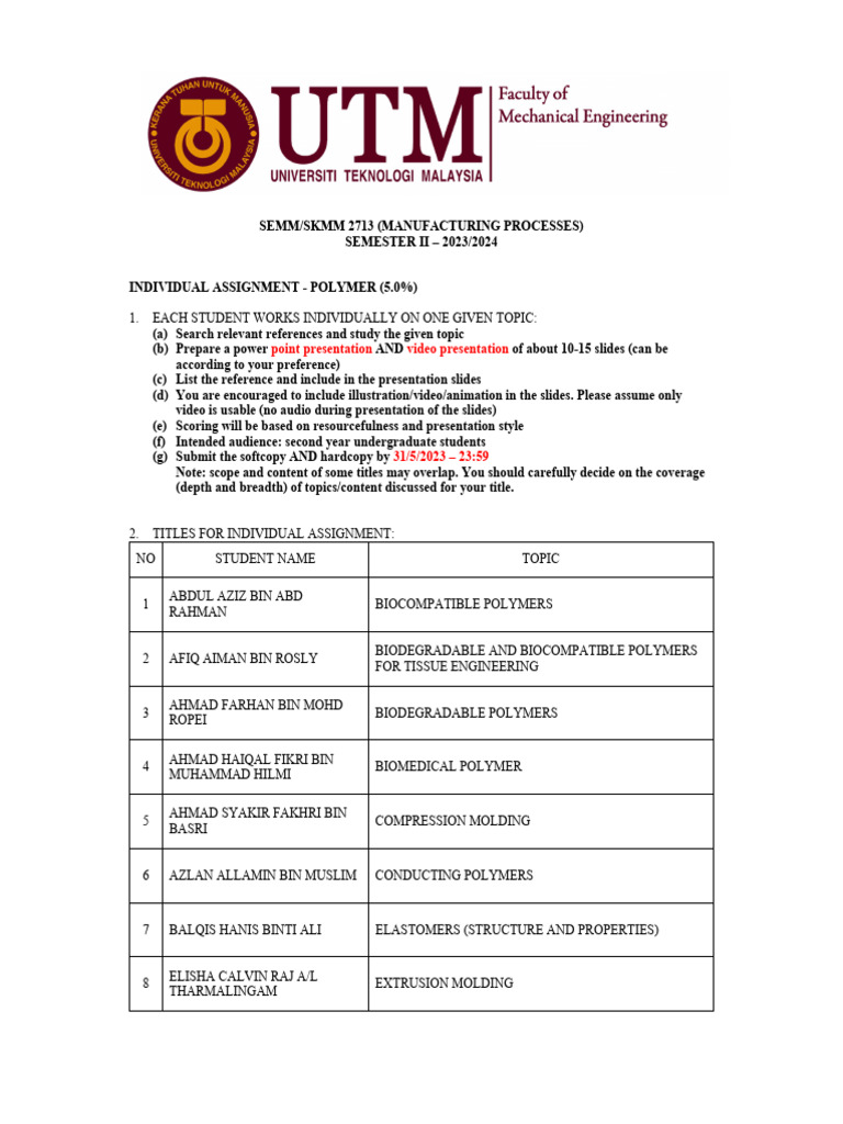 Assignment Polymer Utmspace Sem 2 2023 2024 Final | PDF | Polymers | Poly(Methyl Methacrylate)