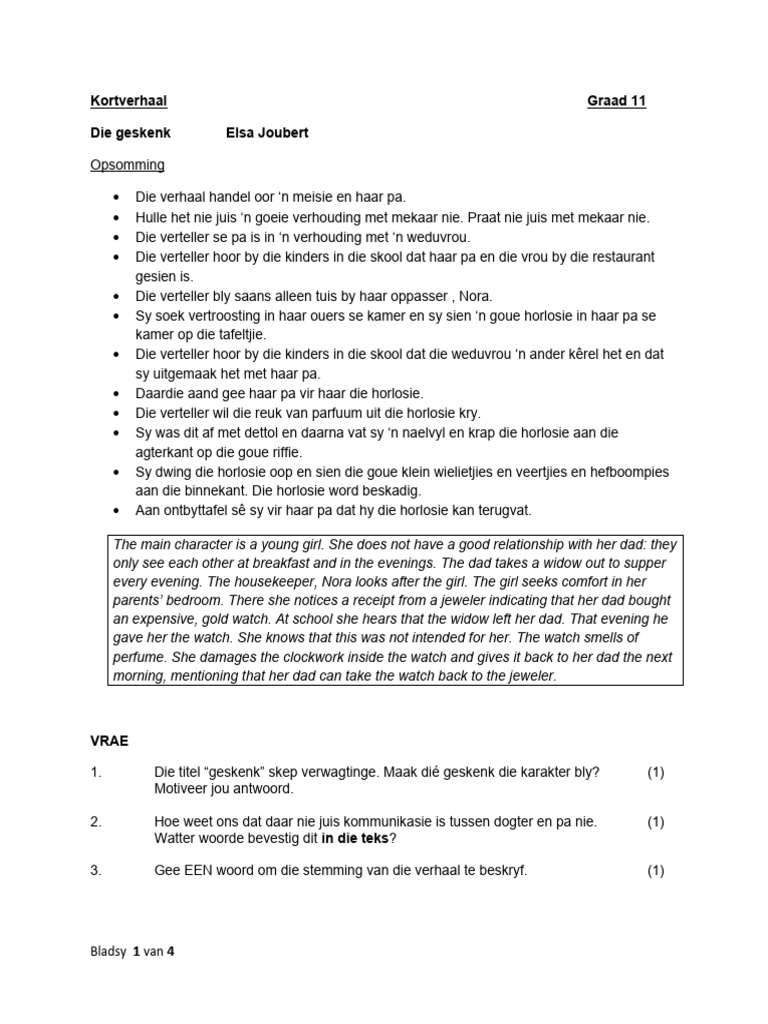 2016 Kortverhaal Graad 11 Die Geskenk - Elsa Joubert (Voorgeskryf) | PDF