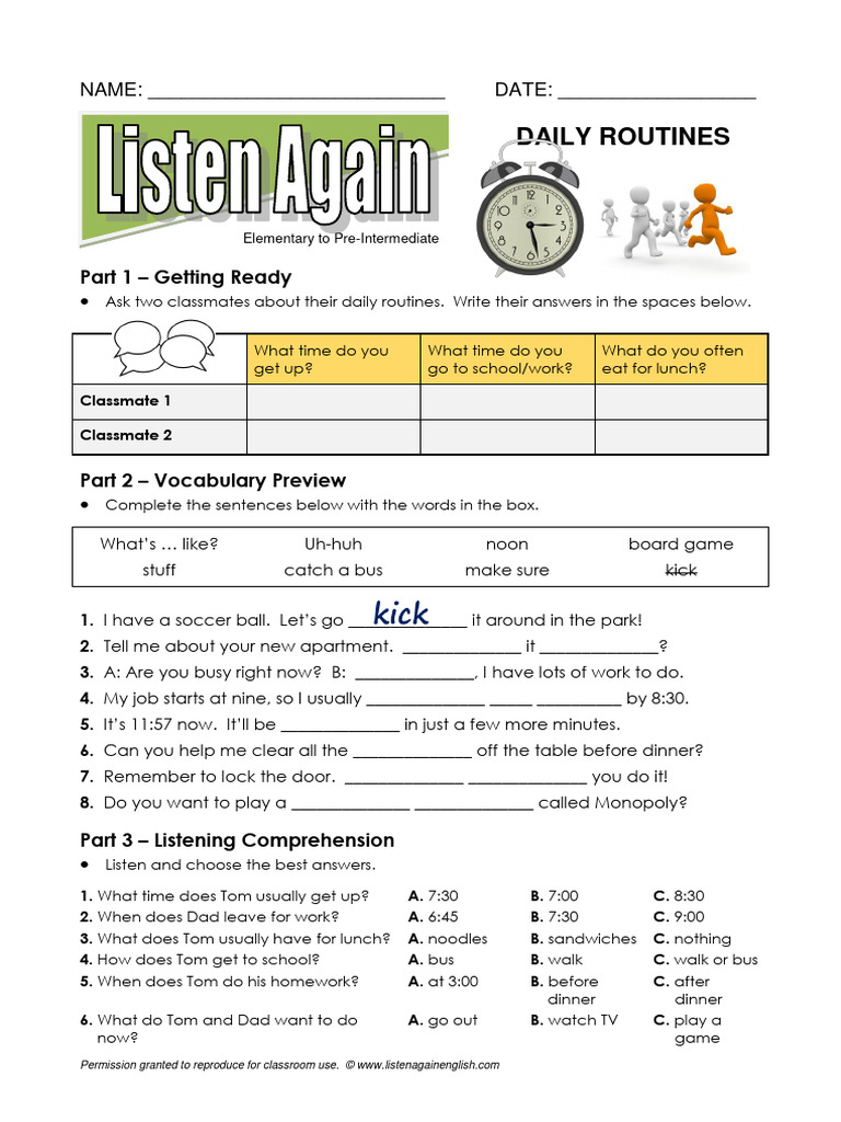 Daily Routines Listening Exercises | PDF | Lunch
