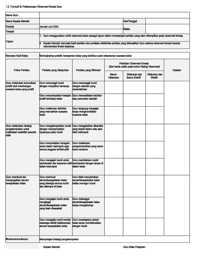 FORMAT B, Pelaksanaan Observasi Kinerja Guru | PDF