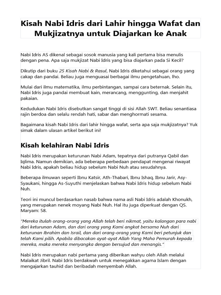 Kisah Nabi Idris untuk Anak-anak | PDF | Agama & Spiritualitas | Dewasa ...