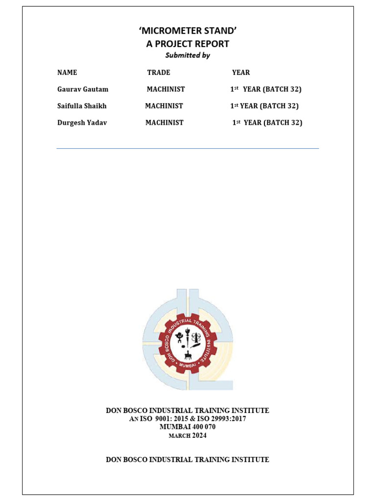 Machinist 1st Year Project Report - Micromert Stand | PDF | Drill | Screw