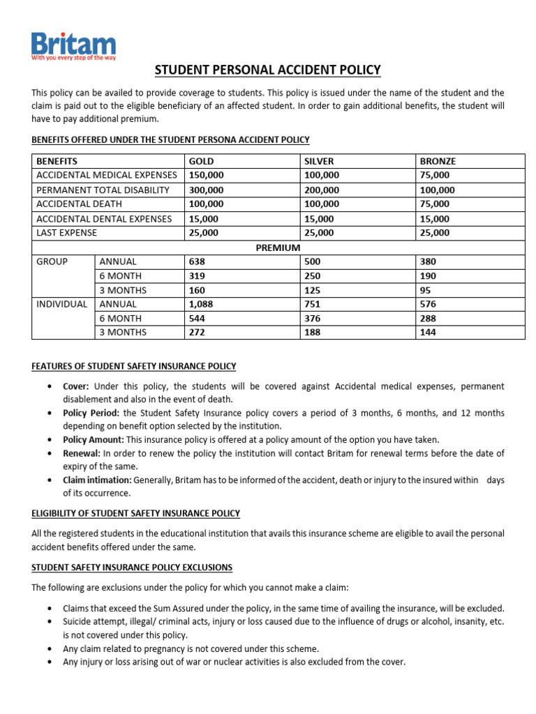 Britam Individual Student PA T's & C's | PDF | Insurance | Medical ...