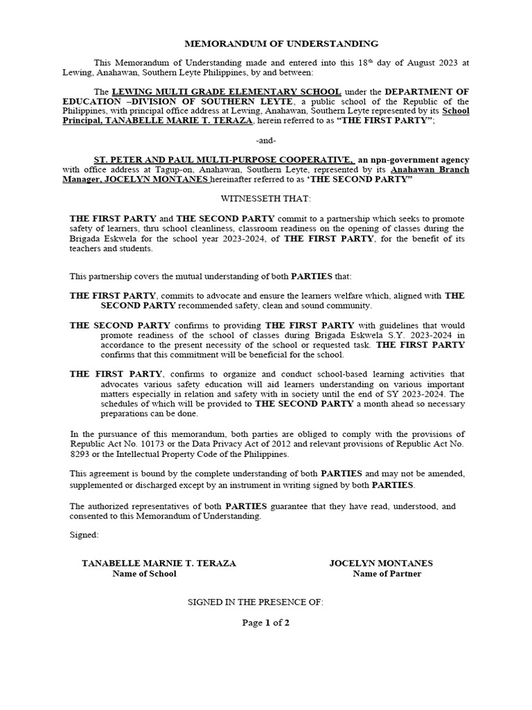 MOU Template | Download Free PDF | Justice | Crime & Violence