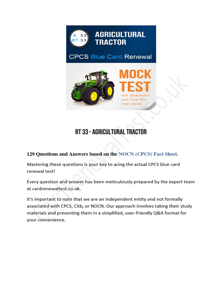A33 RT33 Agricultural Tractor CPCS Blue Card Renewal Mock Test 1rqiow ...