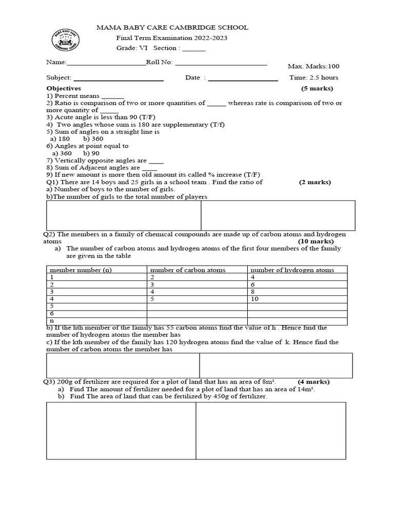 Final Paper 2022 23 Class 6 Final | PDF | Area | Angle
