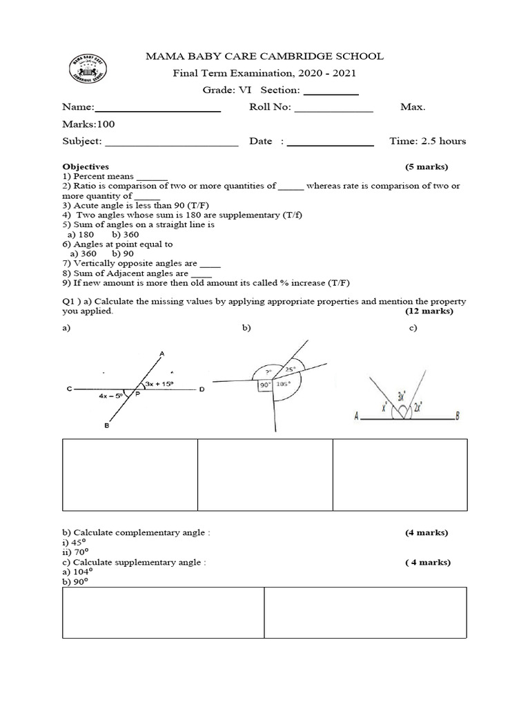 Class 6 Paper Final Updated 2020-21 | PDF | Angle | Ratio