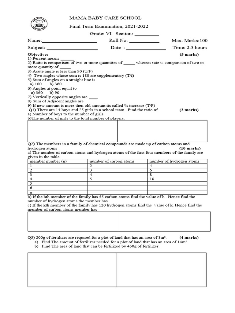 Grade VI Final Exam: Math & Geometry | PDF | Area | Atoms