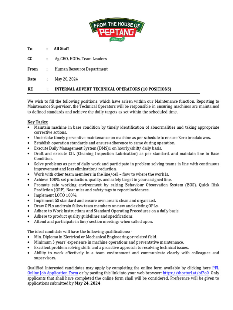 Internal Advert - Technical Operators | PDF